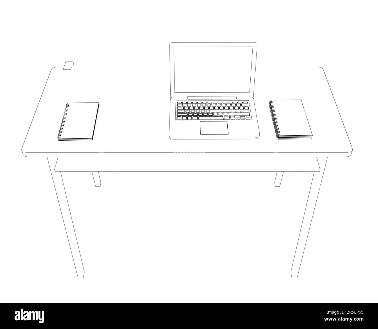 Desk outline with laptop and notepads from black lines isolated on ...