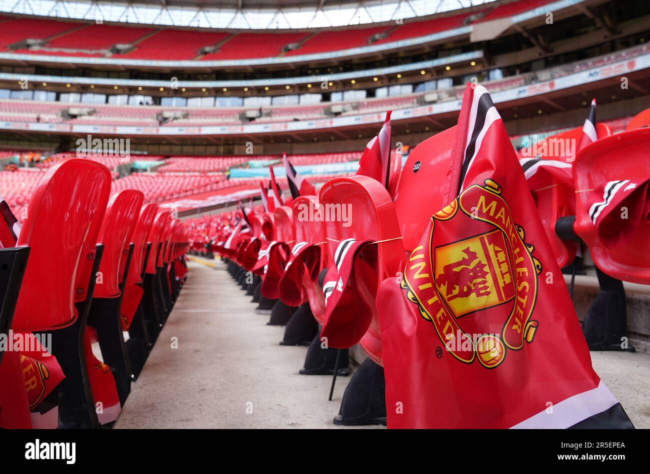 Manchester United flags are placed on seats ahead of the Emirates FA ...