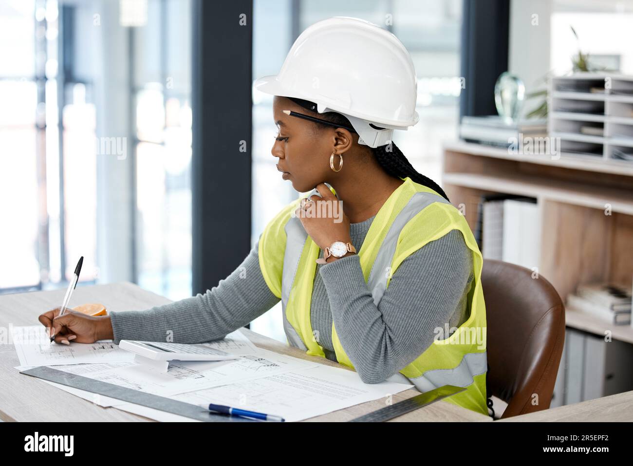 Architecture, drawing and blueprint with black woman in office for ...