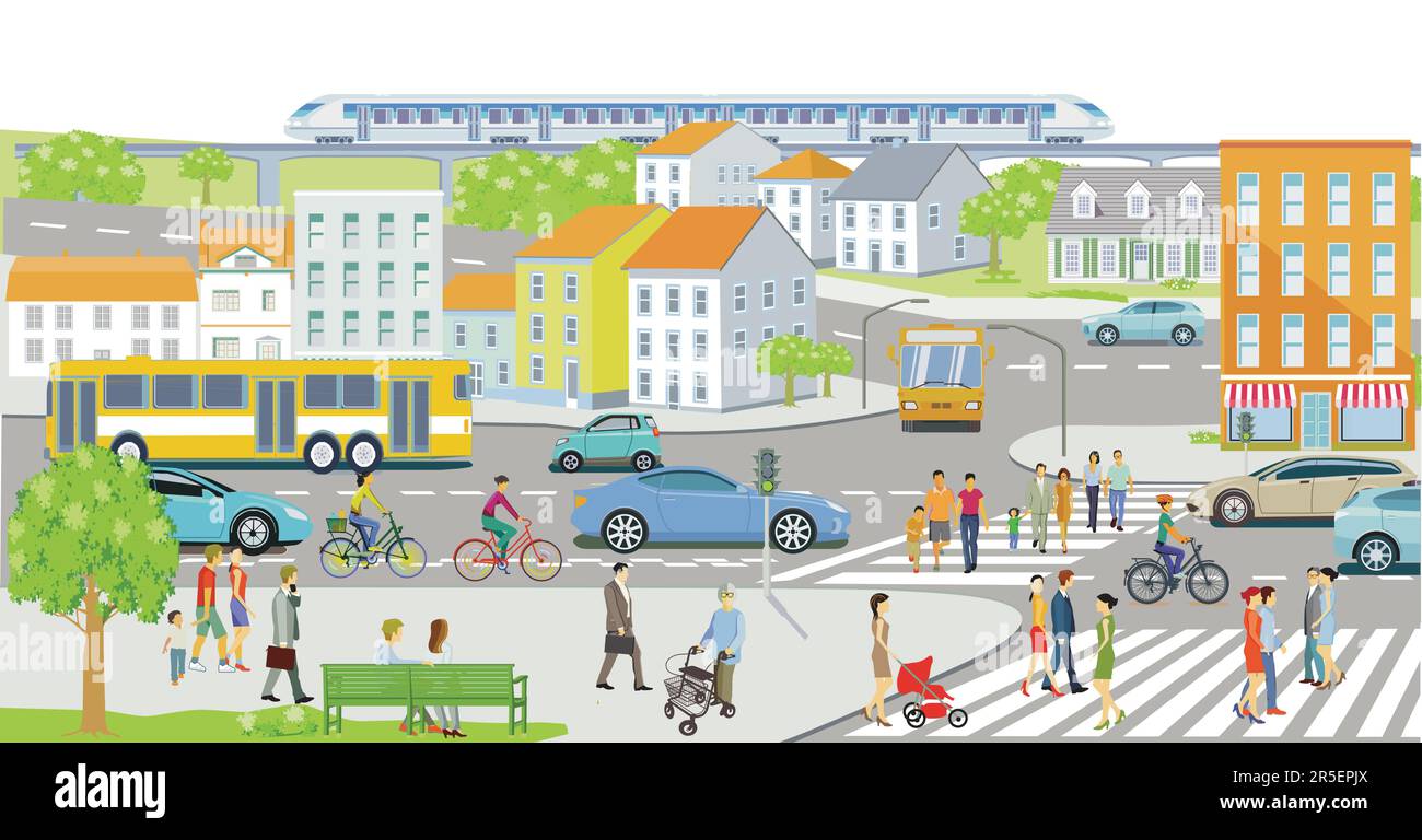 Road traffic with pedestrians, cyclists and road traffic, Lines bus ...