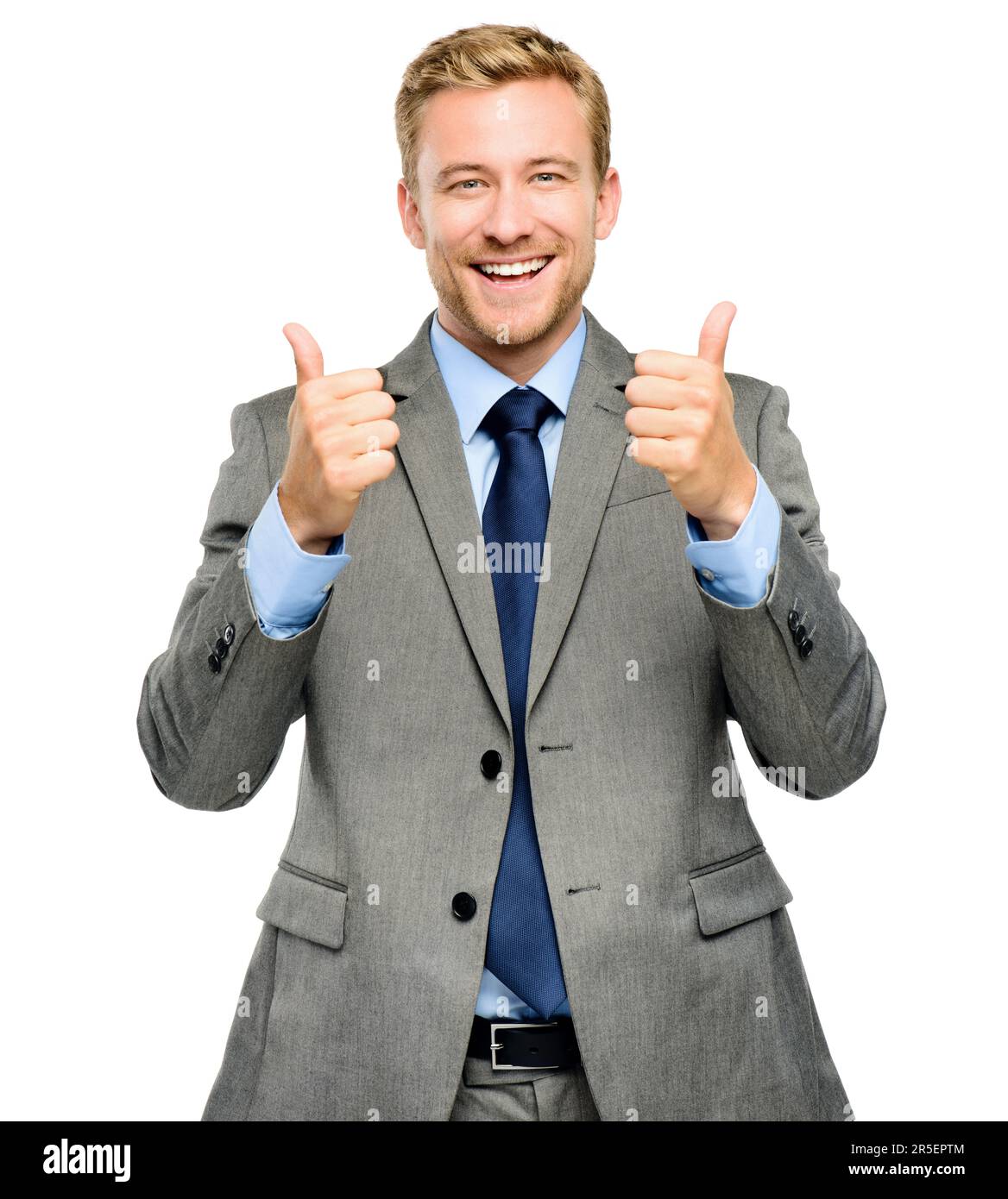Portrait, thank you and thumbs up with a business man in studio isolated on a white background ...