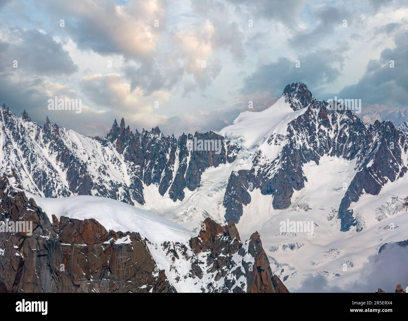 Mont Blanc rocky mountain massif summer view from Aiguille du Midi Mount, Chamonix, French Alps ...