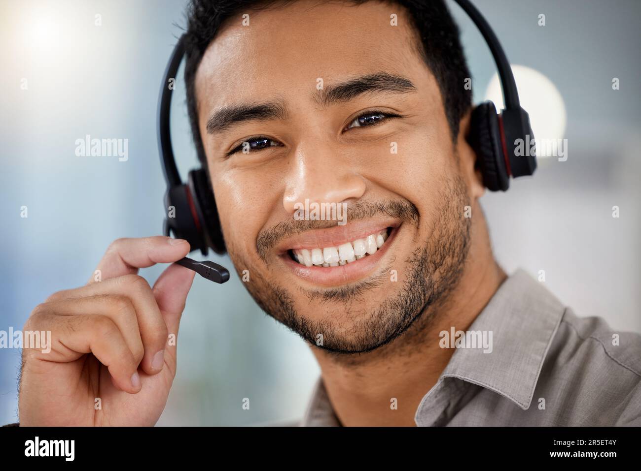 Happy young man, call center portrait and telemarketing with headphones ...