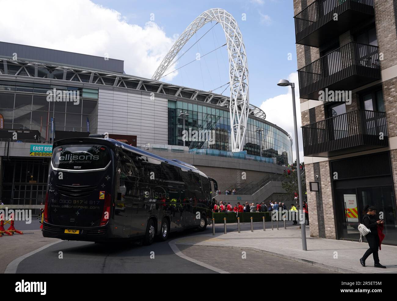 Coaches drive in to the green car park ahead of the Emirates FA Cup ...