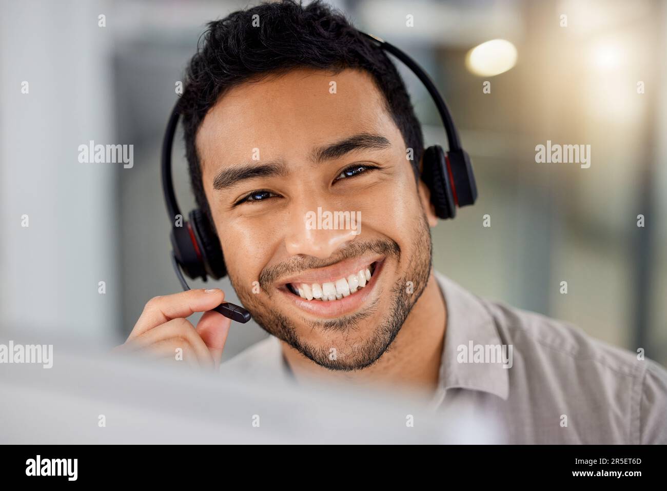 Young man, call center portrait and smile for telemarketing with ...