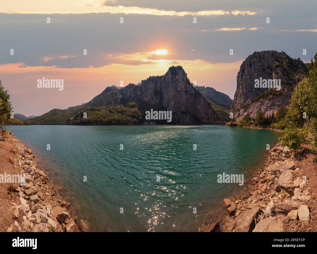 View from Shkopet Lake - reservoir shore. Lake Ulza Nature Park, Diber ...