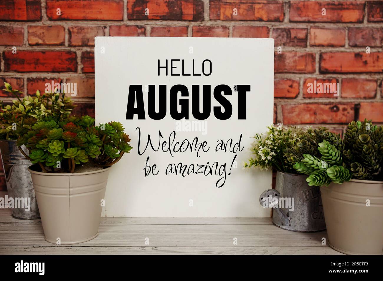 Hello August text message with artificial plant in metal vase ...
