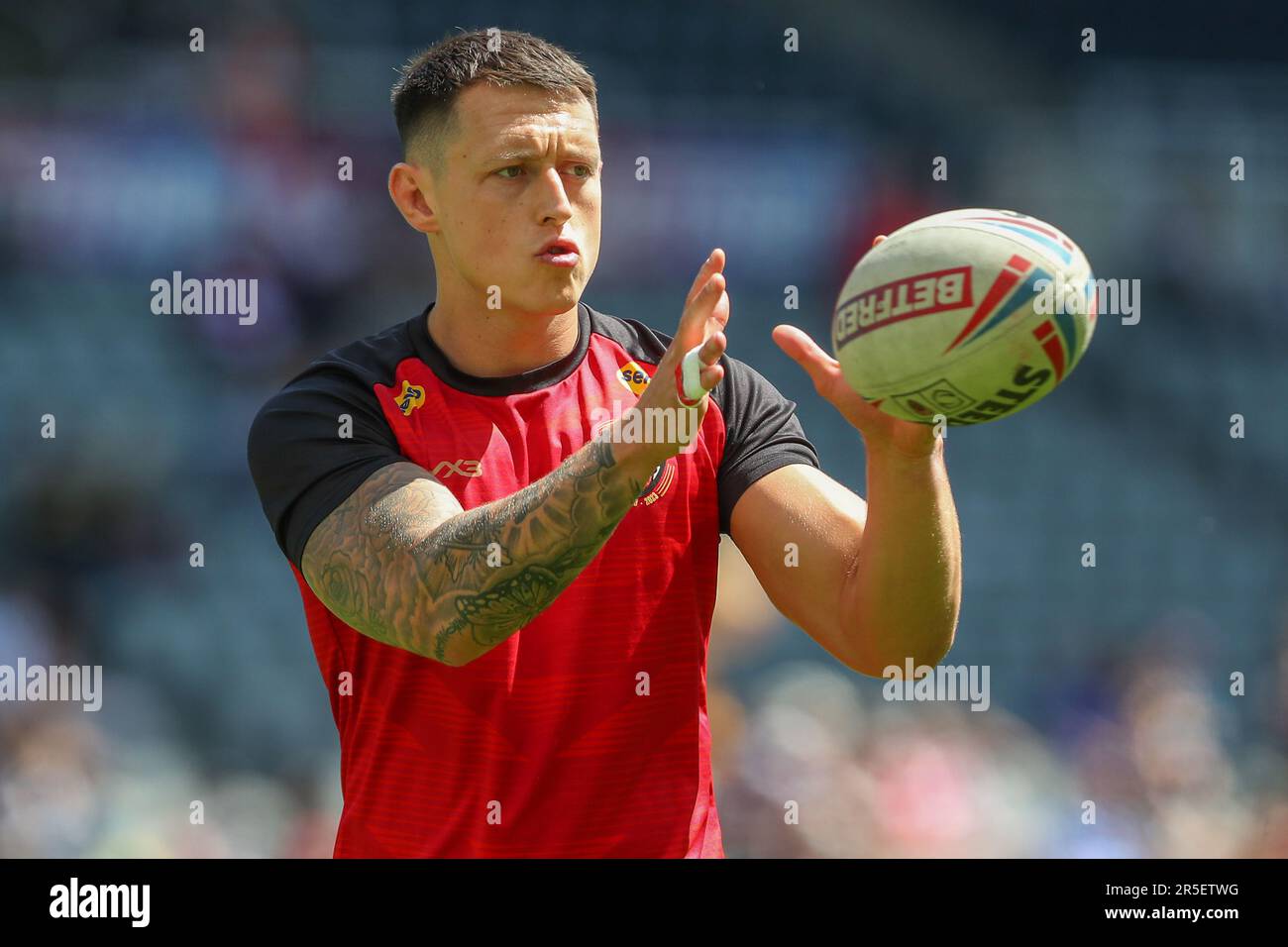 Deon Cross #28 of Salford Red Devils during the pre-game warm up ahead ...
