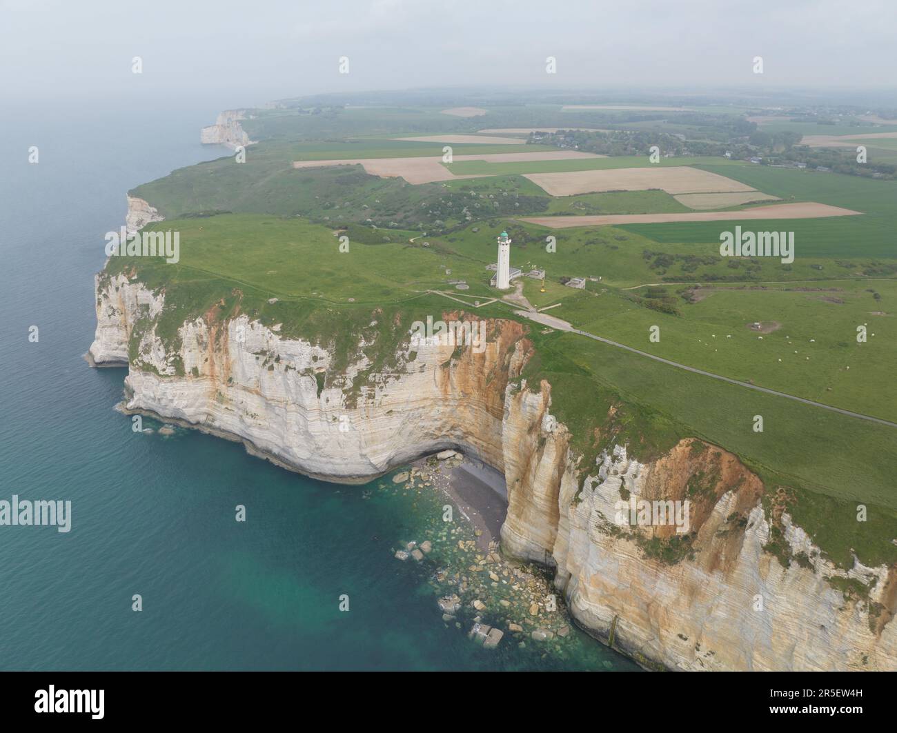 Aerial top down drone image of the cliffs of etretat in Normandy ...