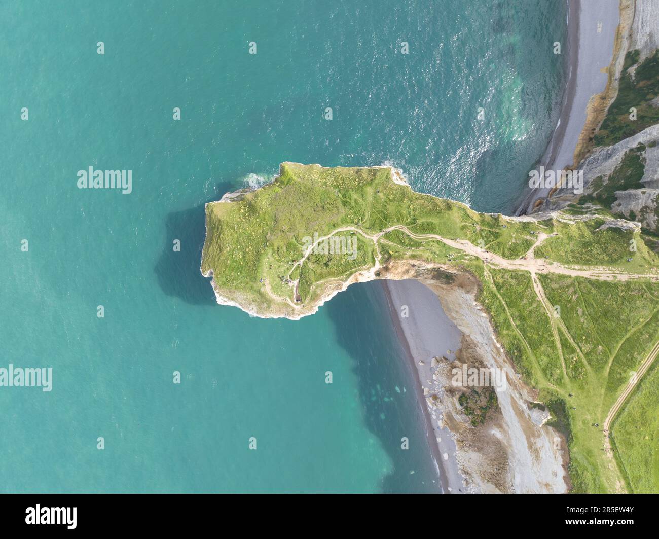 Aerial top down drone image of the cliffs of etretat in Normandy ...