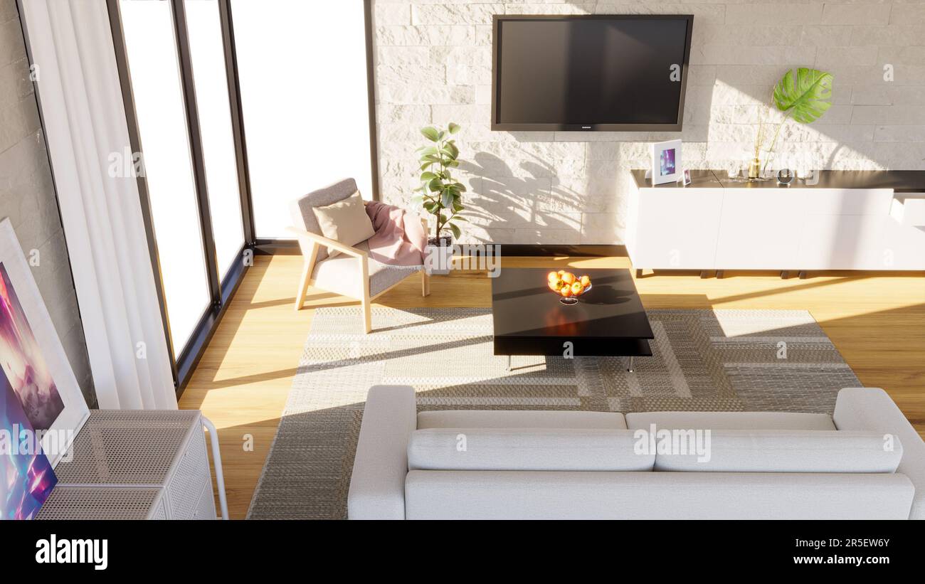 Internal view of an open space with big windows, large size, modern and ...