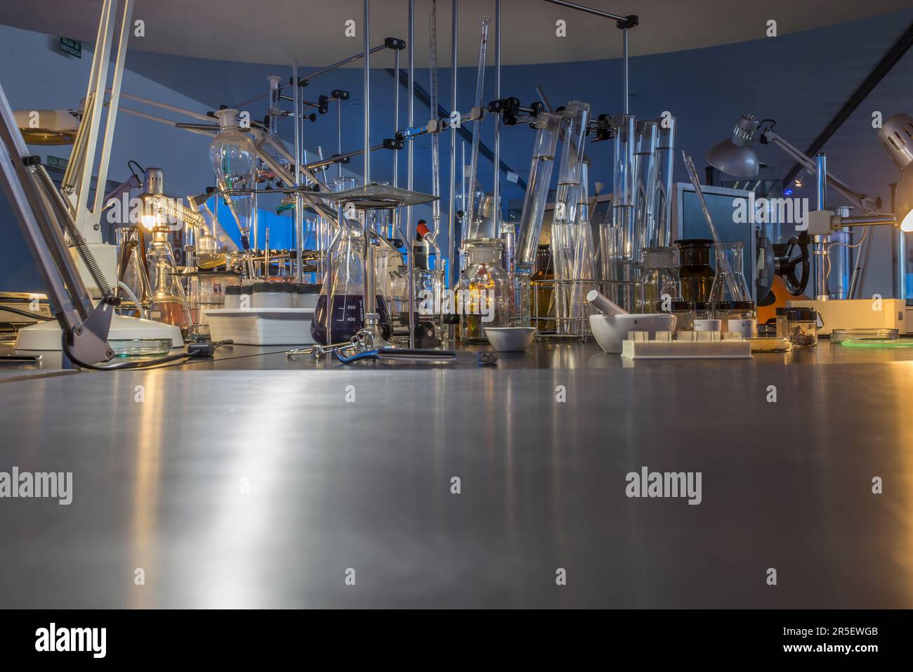 Cartagena, Spain - September 14th, 2018: Laboratory equipment table of ...
