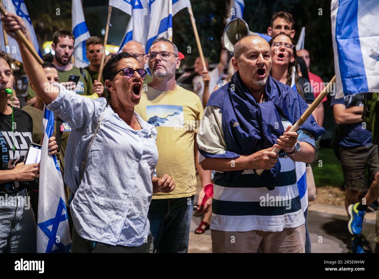 Hadera, Israel. 03rd June, 2023. Anti reform protesters chant slogans ...