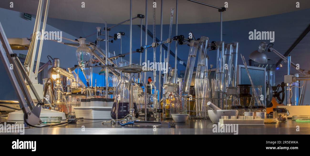Cartagena, Spain - September 14th, 2018: Laboratory equipment table of ...