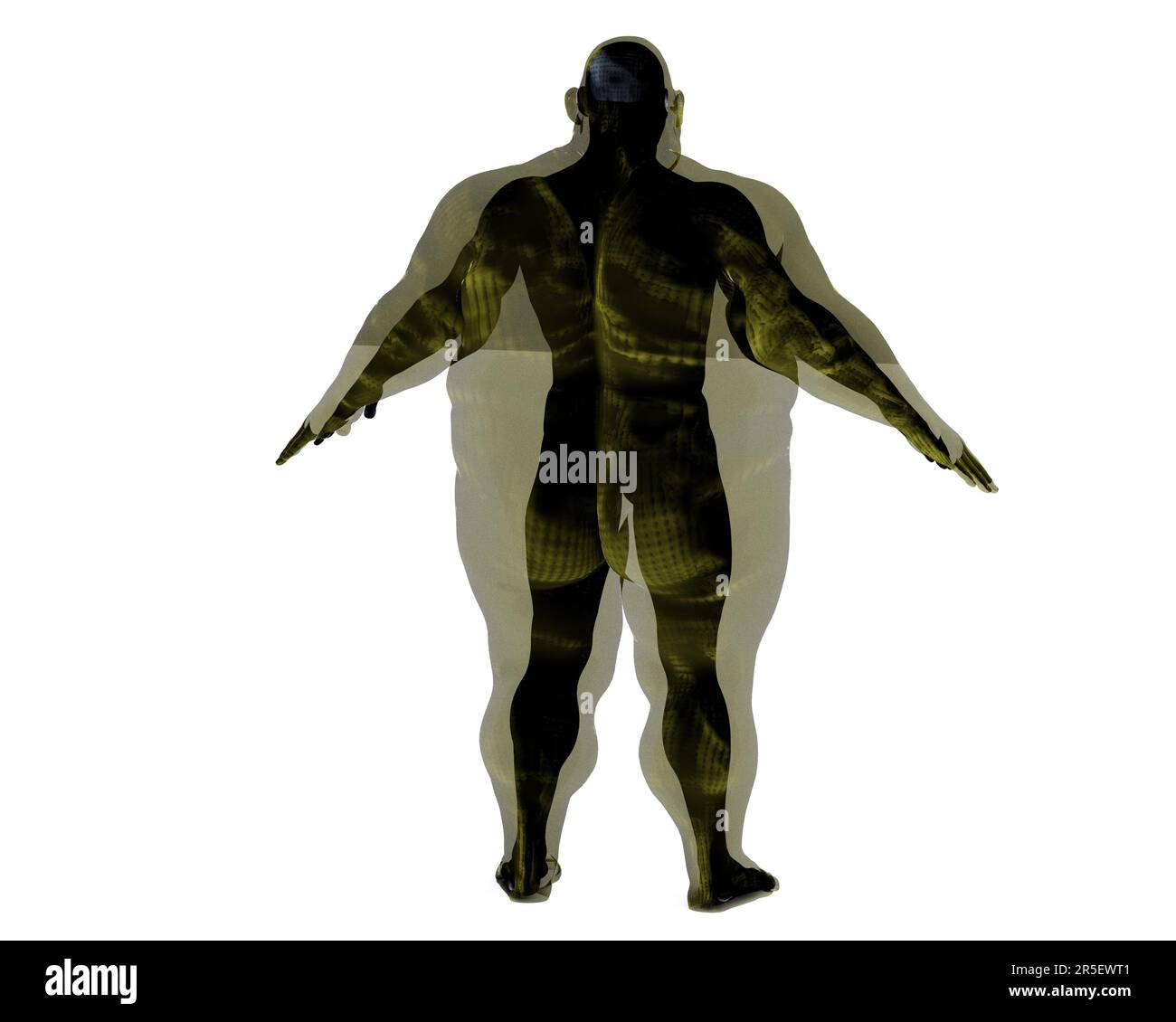 3D render. Athletic man inside an obese body on a white background ...