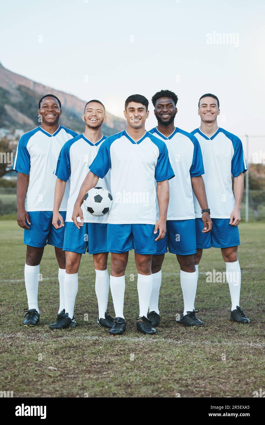 Team, soccer ball and portrait of sports group on field for fitness ...