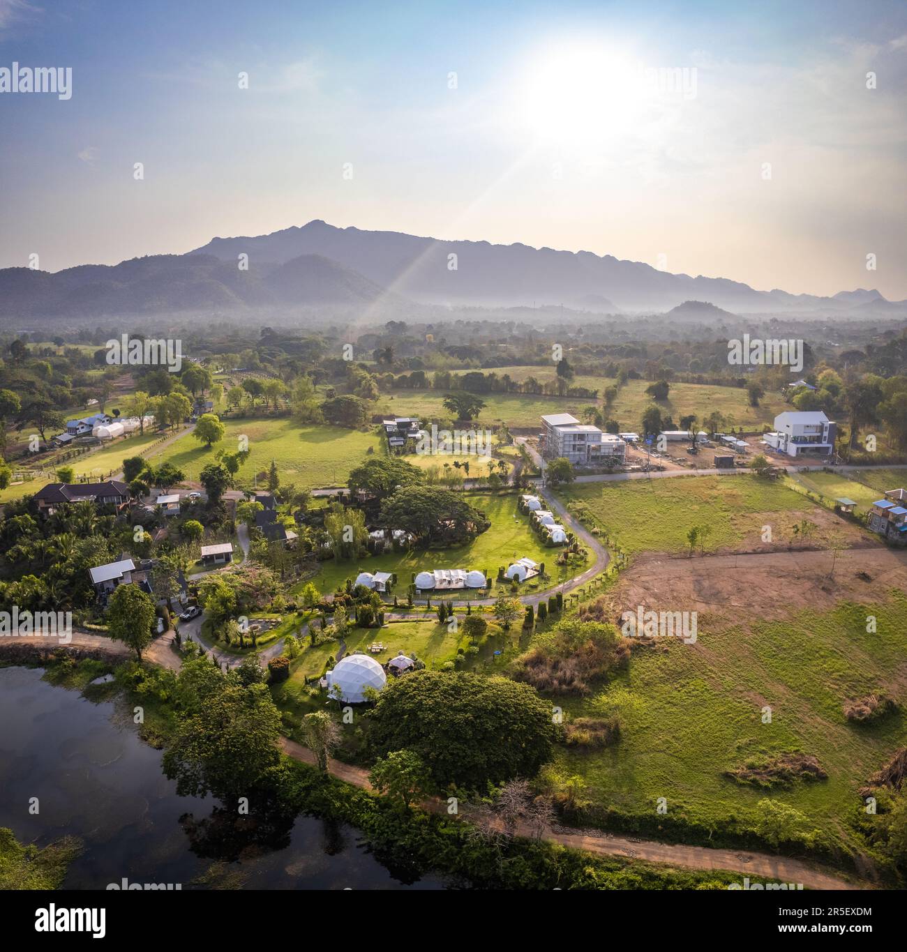 Aerial view of a glamping or camping area with tents in Khao Yai ...