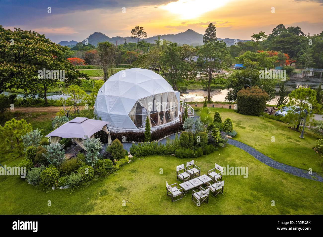Aerial view of a glamping or camping area with tents in Khao Yai ...