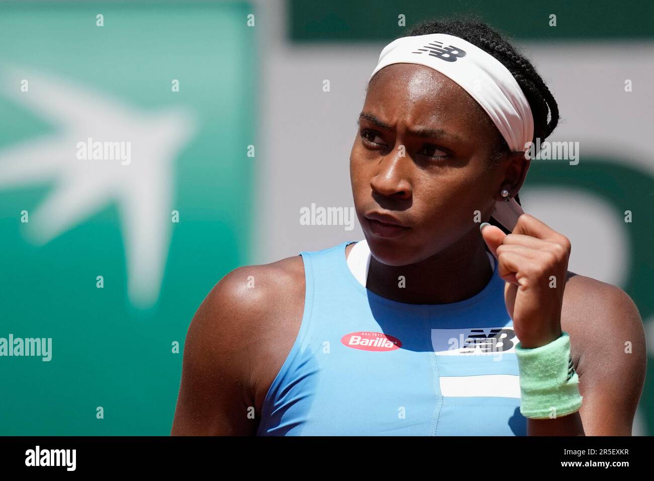 Coco Gauff of the U.S. reacts during her third round match of the French Open tennis tournament ...