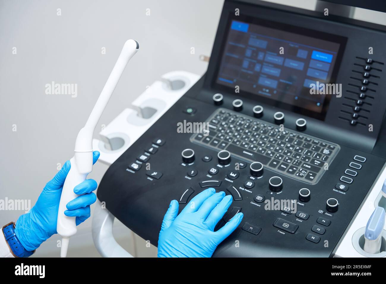 Gynecologist adjusts ultrasound device for examining pelvic organs ...