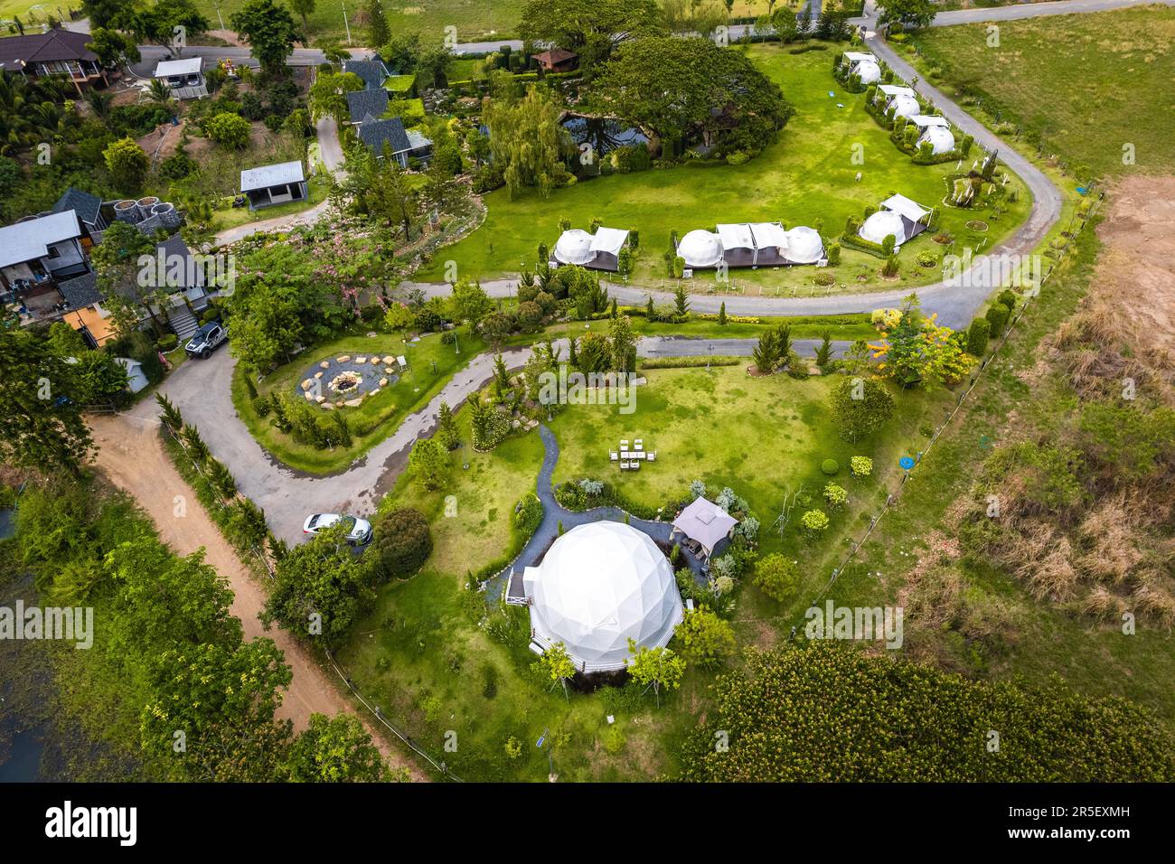 Aerial view of a glamping or camping area with tents in Khao Yai ...
