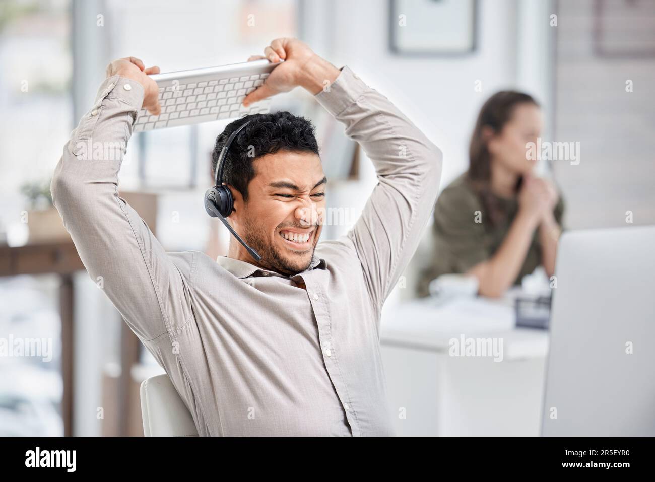 Call center, smash or angry man in customer service frustrated by ...