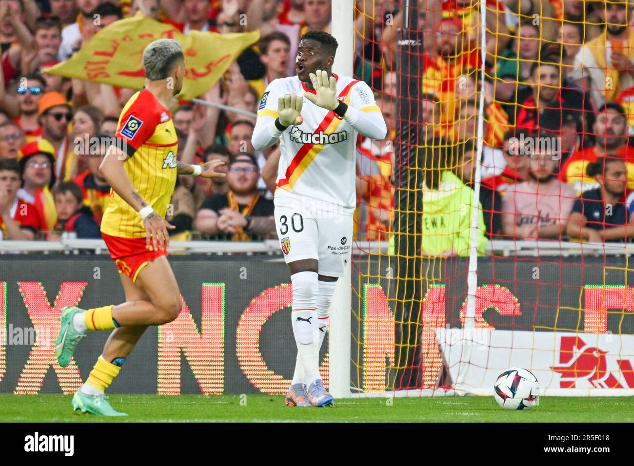 Lens, France. 27th May, 2023. goalkeeper Brice Samba (30) of RC Lens ...