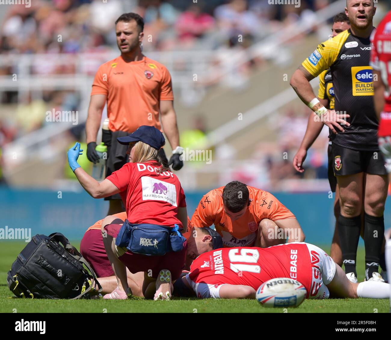Play stops for an head injury to James Batchelor #16 of Hull KR during ...