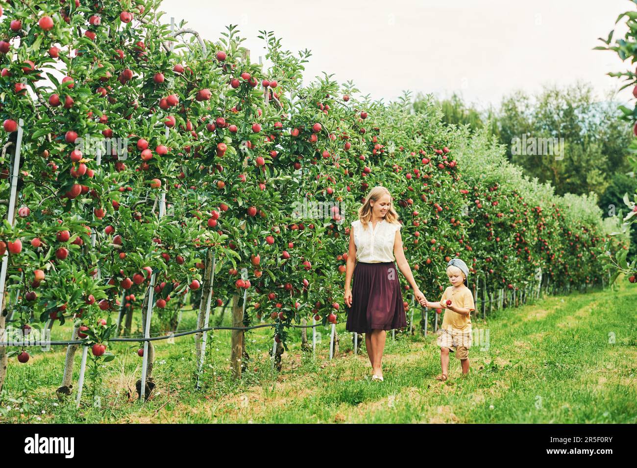 Outdoor portrait of happy young mother with little son walking in fruit ...