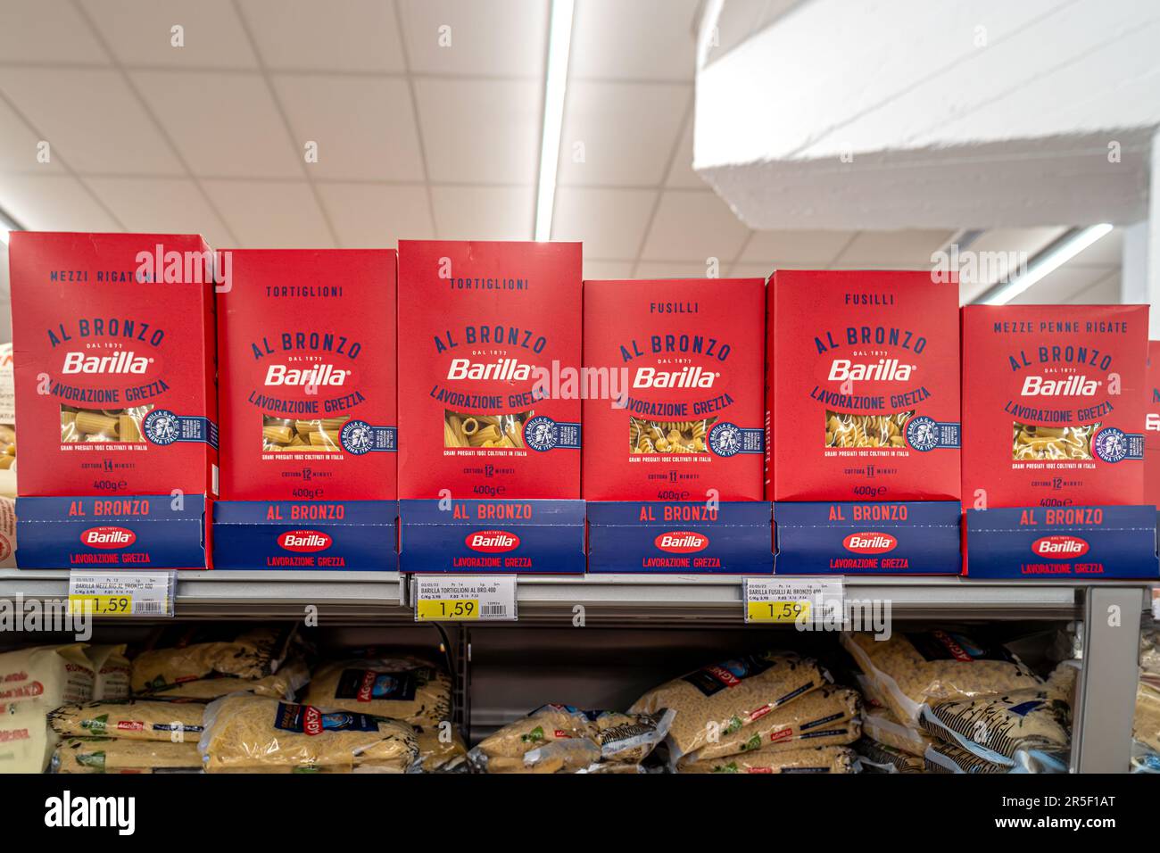 Italy - May 31, 2023: packs of Barilla bronze-drawn pasta made with ...
