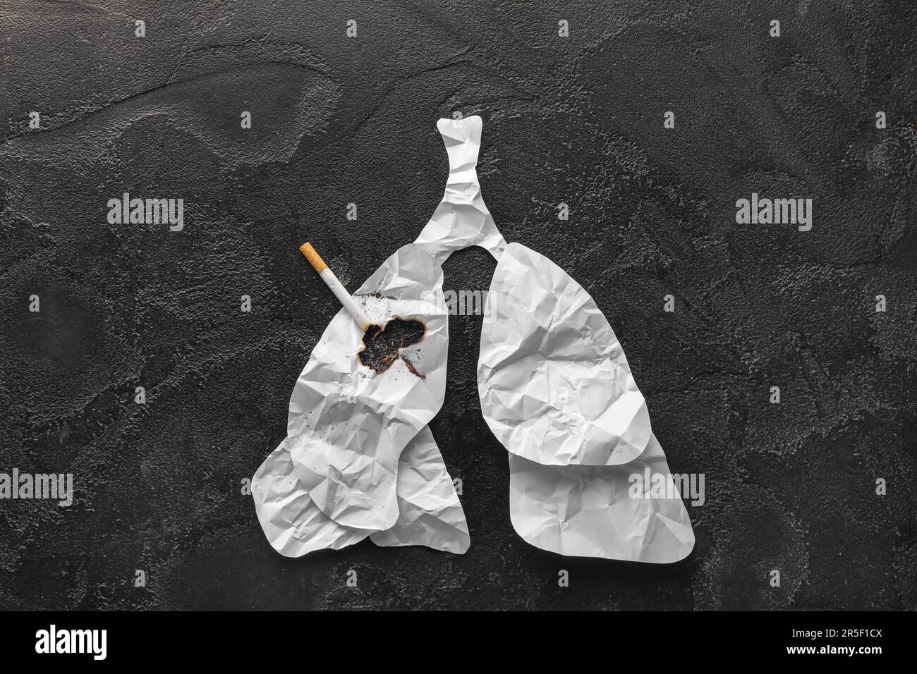 Burned paper lungs with cigarette on dark background. Stop smoking ...