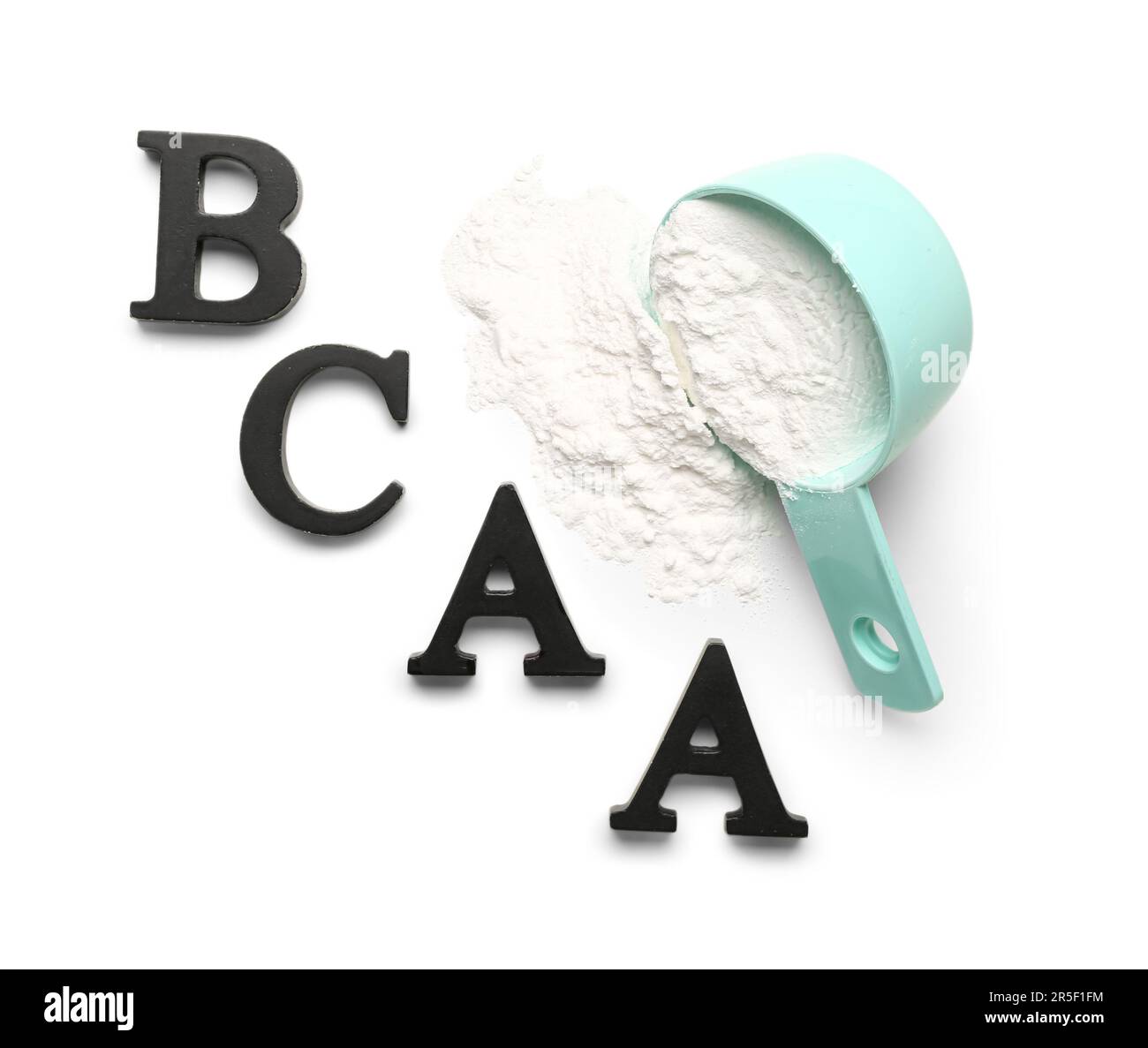 Letters BCAA and scoop of amino acid supplement on white background ...