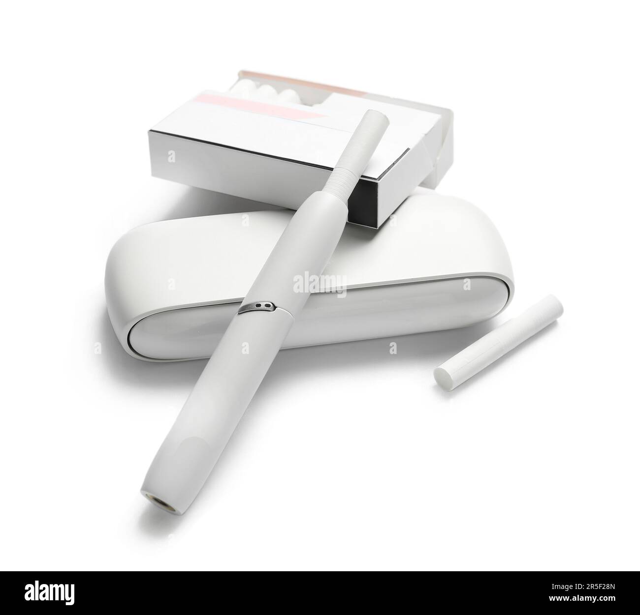 Modern electronic cigar and pack of sticks isolated on white background ...