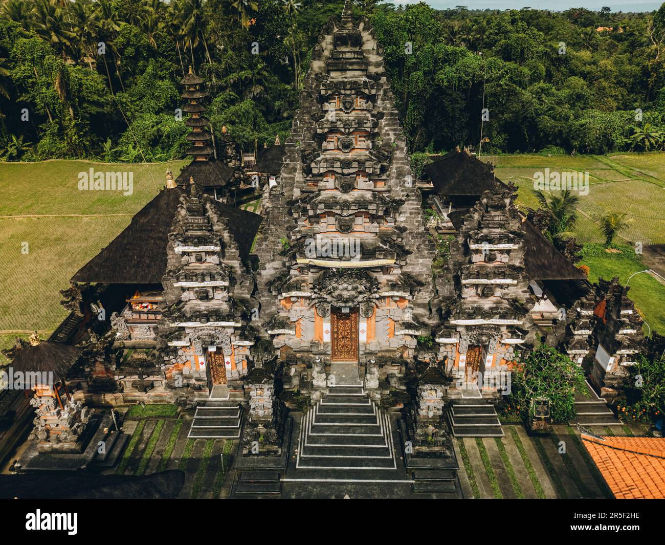 Aerial view of beautiful complex traditional Hinduism stone balinese ...