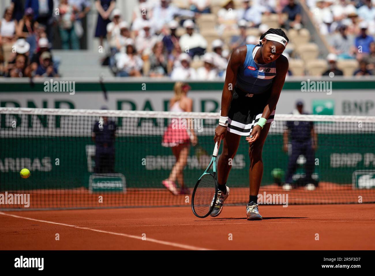 Coco Gauff of the U.S. reacts after missing a shot against Russia's Mirra Andreeva during their ...