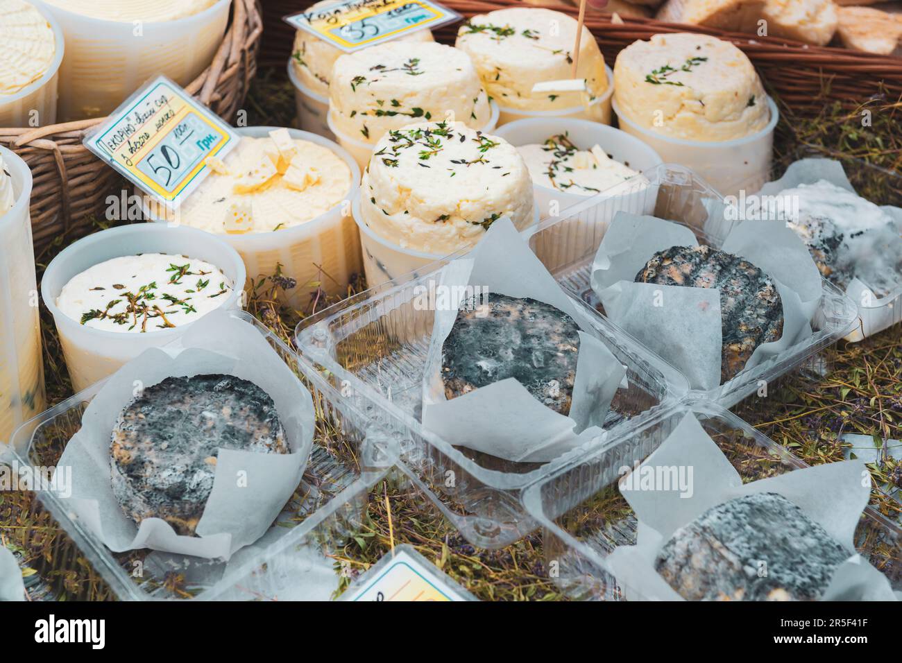 Variety of craft cheese on the farm fair. Sale of the homemade cheese ...