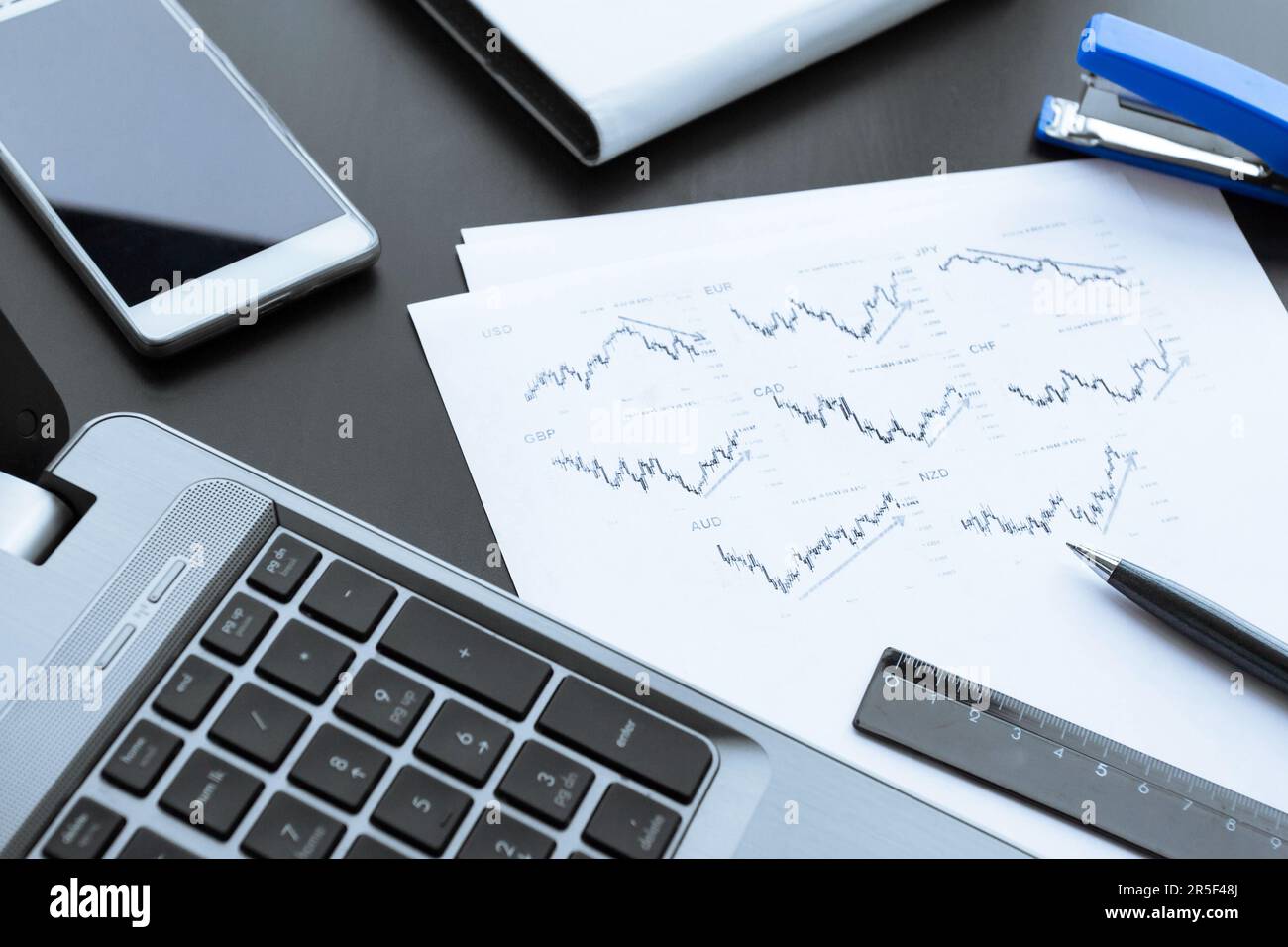 Office workplace table with report page, supplies and computer Stock ...