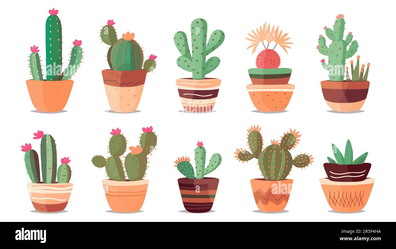 Indoor cactus set. Flat, cartoon style on a white background. Vector ...