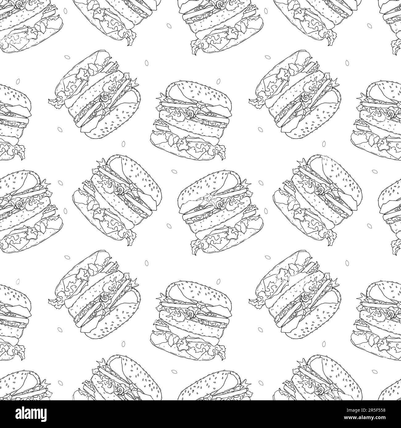 Burger hamburger pattern, white and black, hand-drawn contour drawing ...