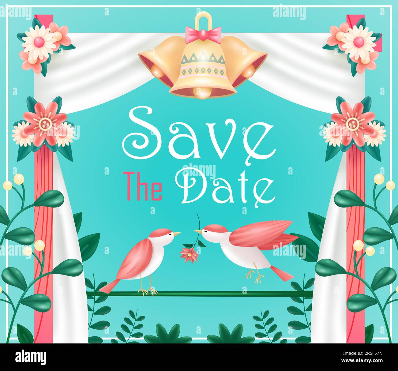 Wedding invitation. 3d illustration of a pair of birds with flowers in ...