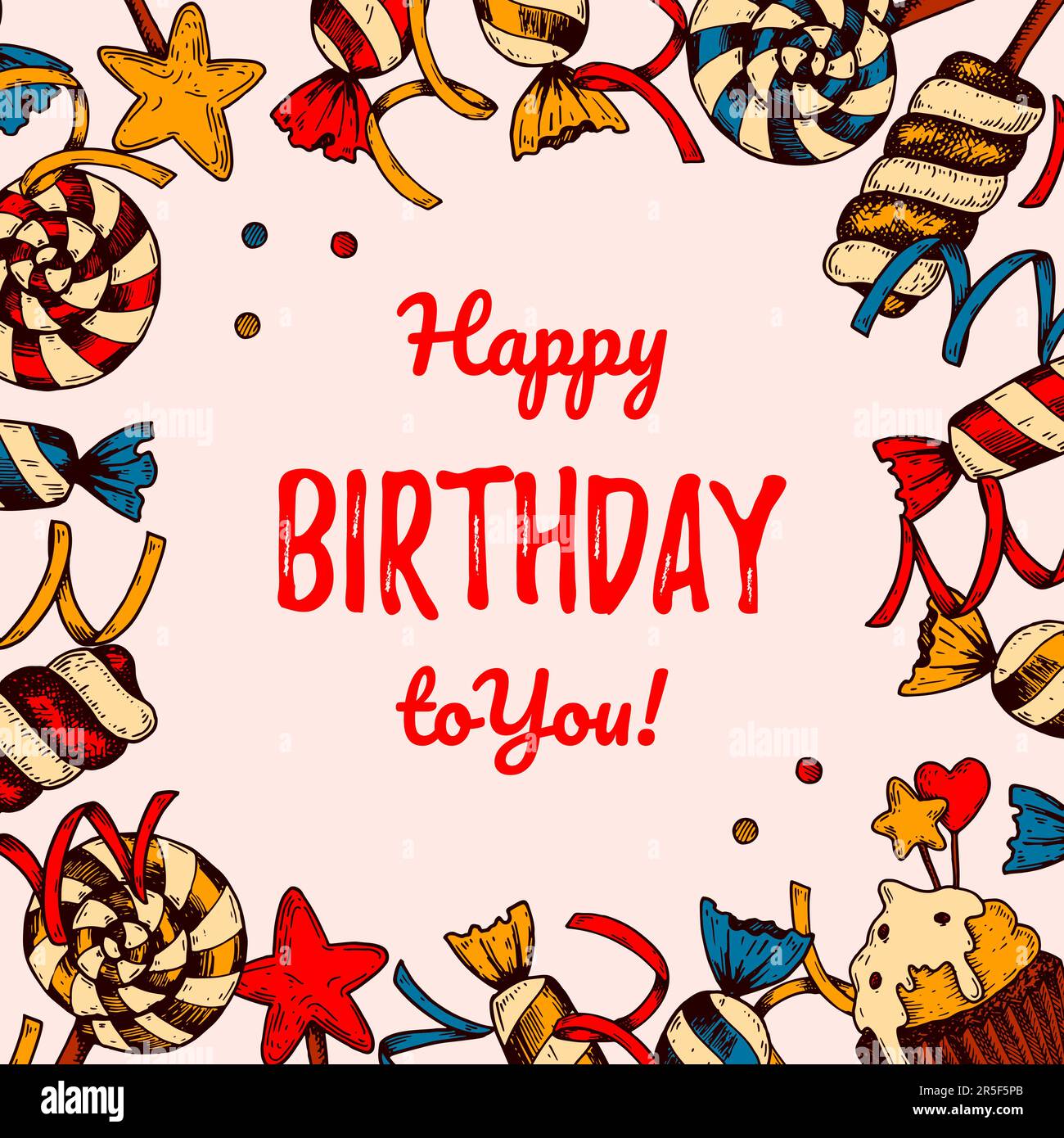 Happy Birthday greeting card. Hand drawn design. Festive background ...