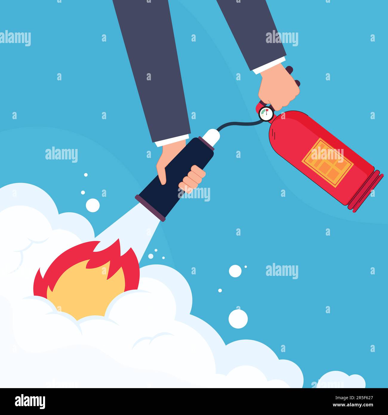 Hands pressing handle of fire extinguisher to extinguish flame Stock ...