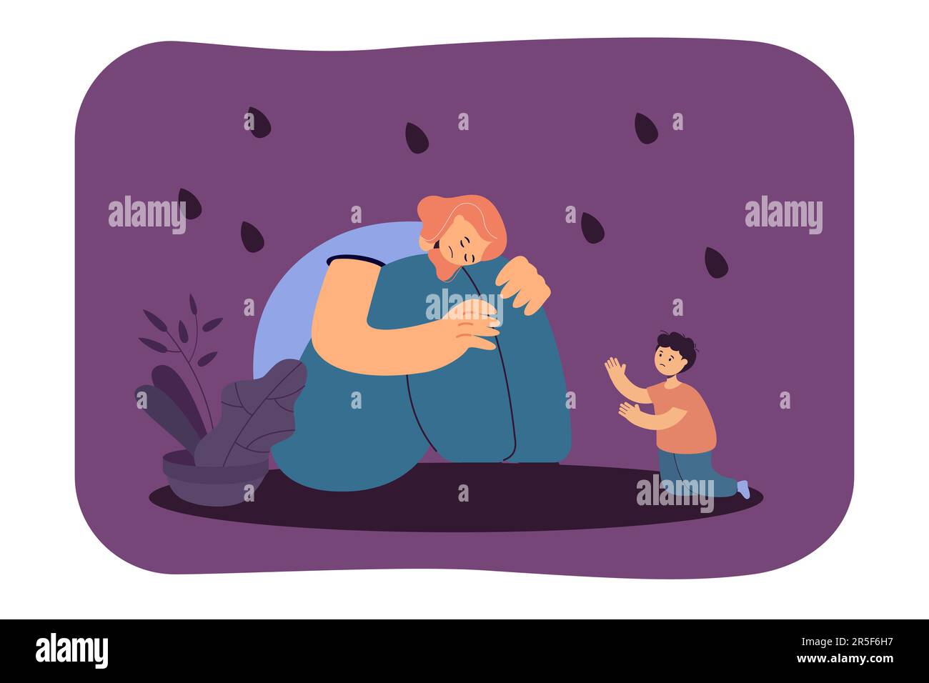 Tired cartoon mother sitting on floor ignoring baby Stock Vector Image ...