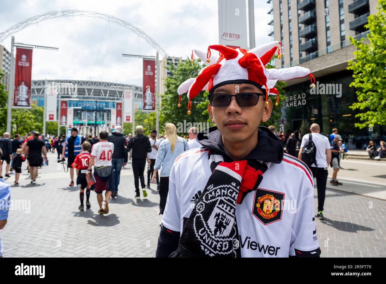 London, UK. 3 June 2023. A Manchester United fan arrives for the FA Cup ...