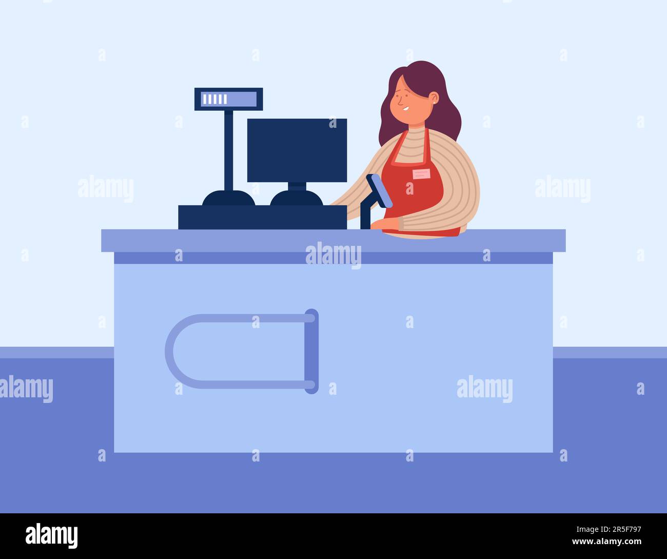 Female cartoon worker standing behind checkout counter Stock Vector ...