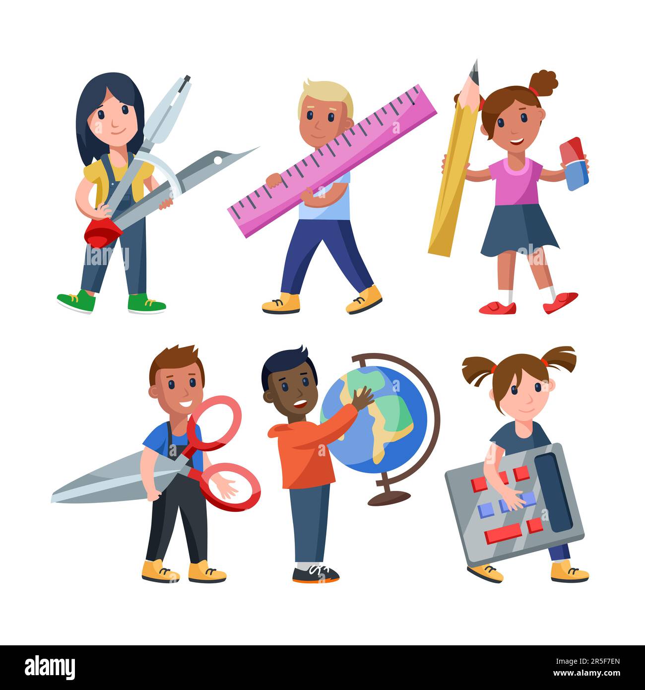 Cartoon kids holding big stationery vector illustrations set Stock ...