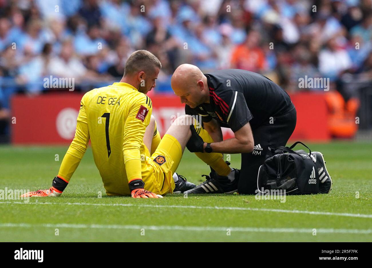 Manchester United goalkeeper David De Gea (left) receives treatment for ...