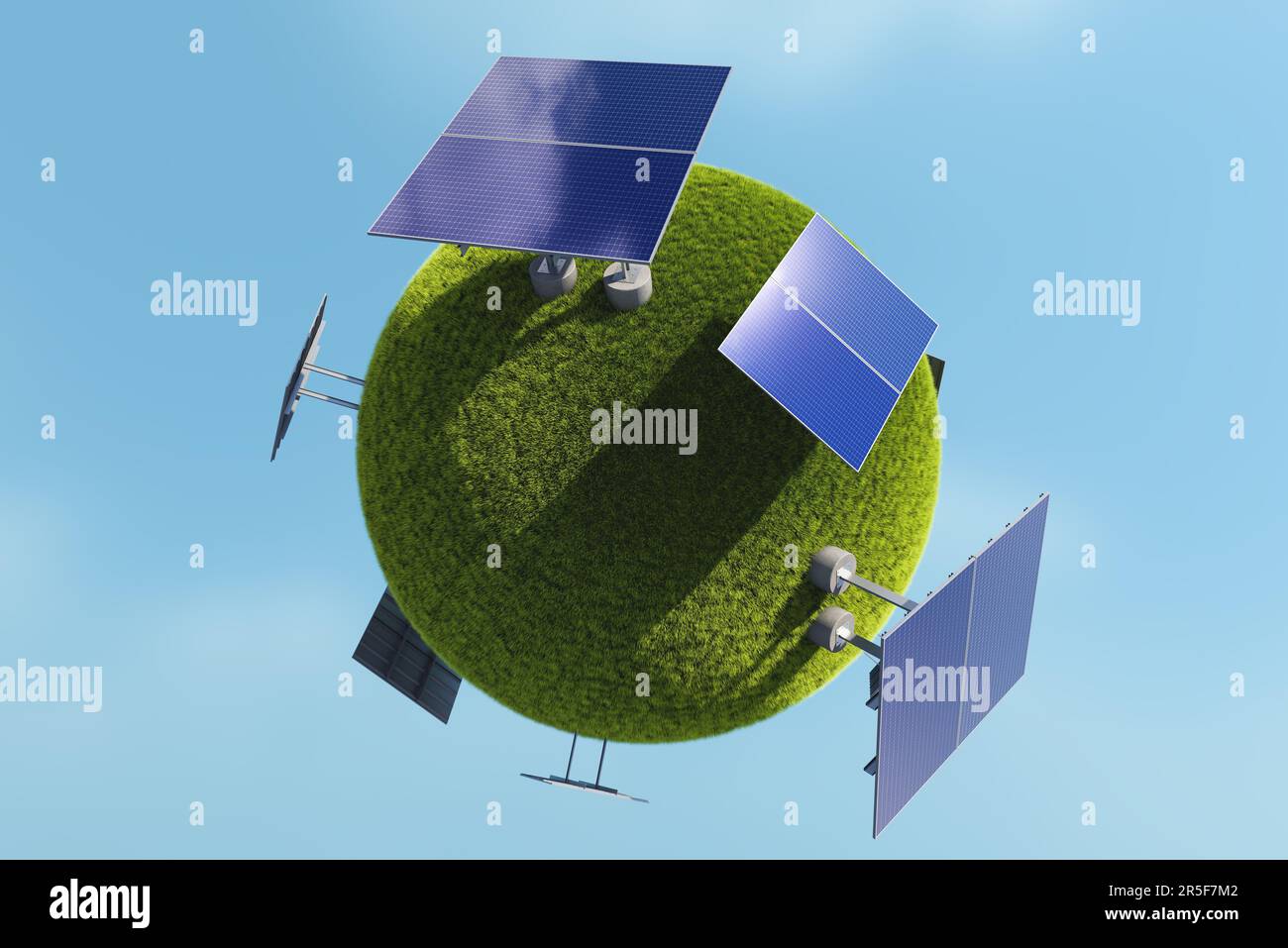 Solar panels of different sizes placed on a green sphere with grass ...
