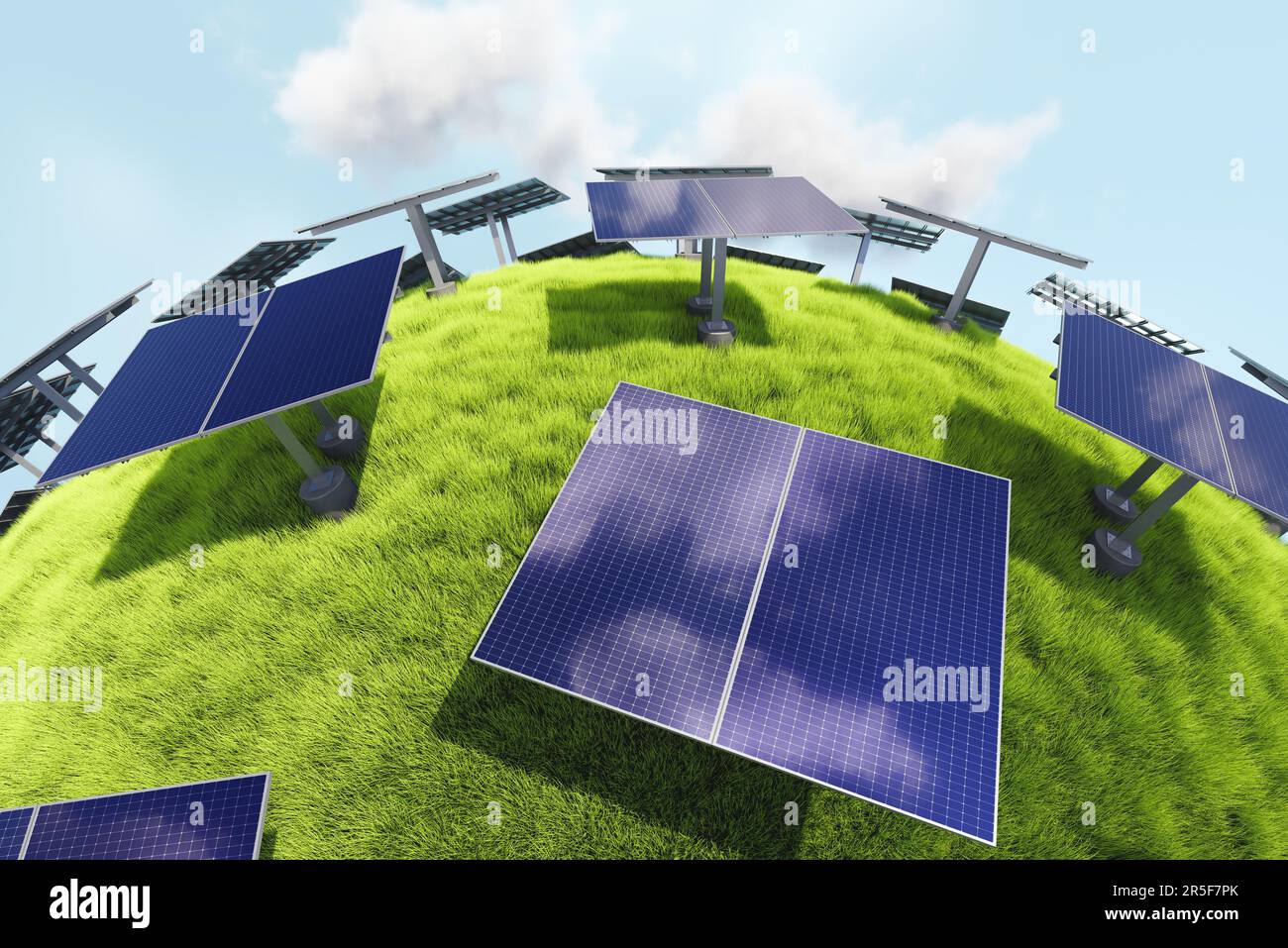 Close up of solar panels installed on a green sphere with grass Stock ...