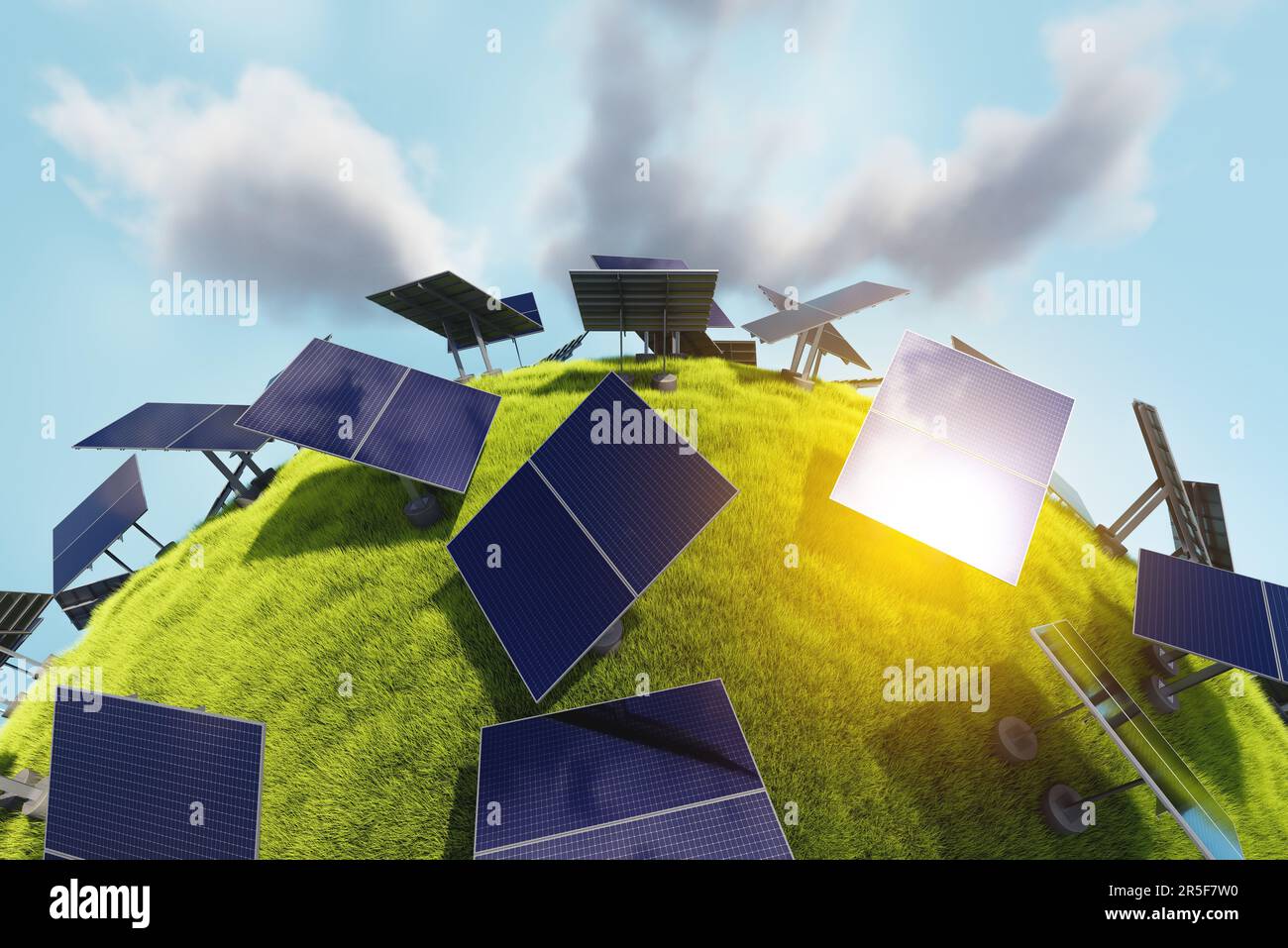 Close up of solar panels installed on a green sphere with grass Stock ...